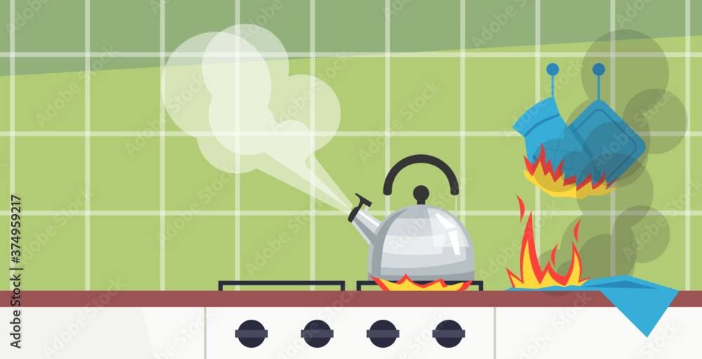 Forgotten kitchen duties semi flat vector illustration. Boiling and ...