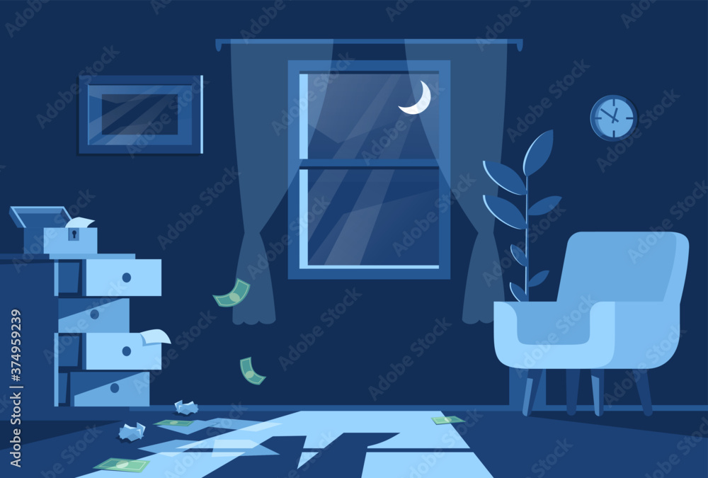 Living room night view semi flat vector illustration. Green bills float ...