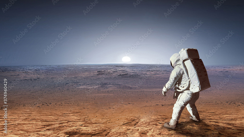 Astronaut on surface of red planet Mars. Martian colonizer. Spaceman ...
