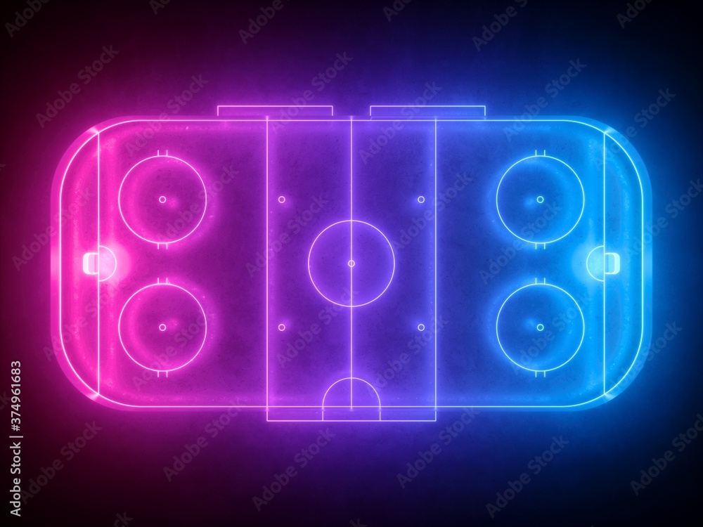3d render, virtual neon hockey rink top view, sportive game playground ...