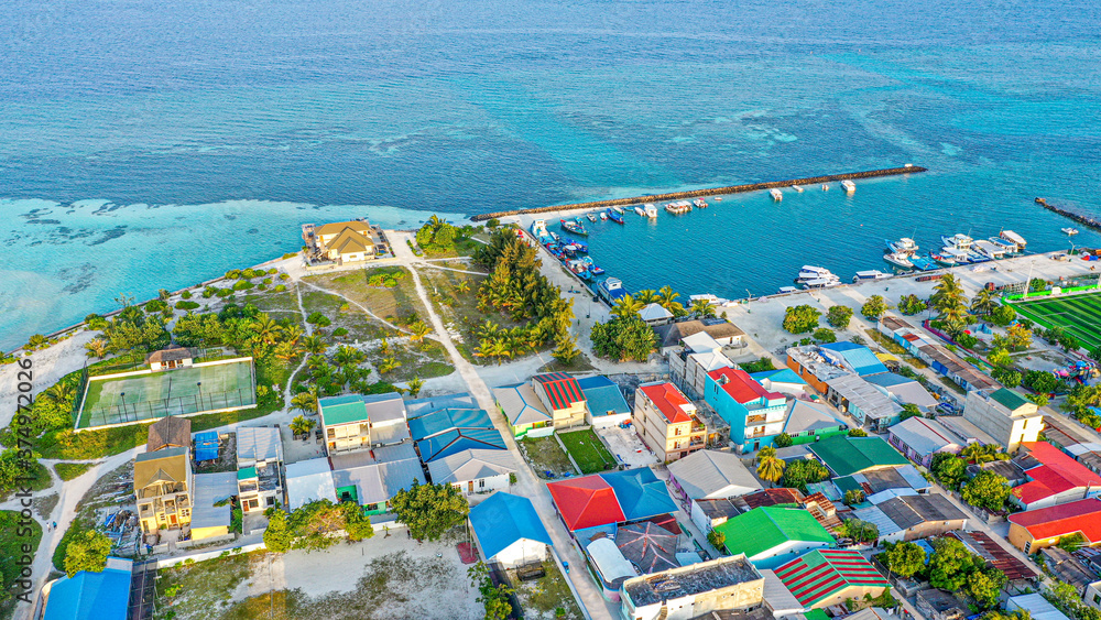 Aerial view of local island Huraa, North Mal√© Atoll, Maldives, Indian ...