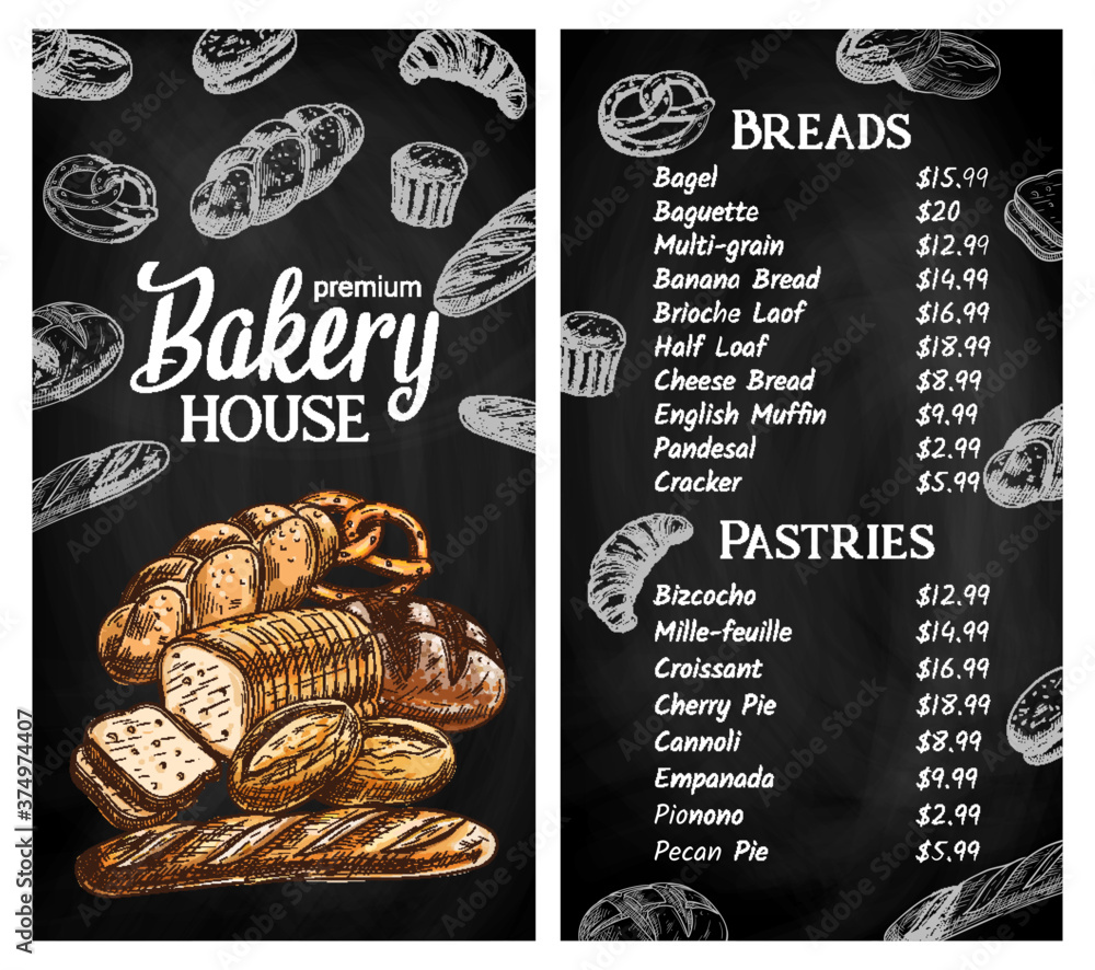 Bakery house, bread shop menu chalkboard vector template. Sliced on ...
