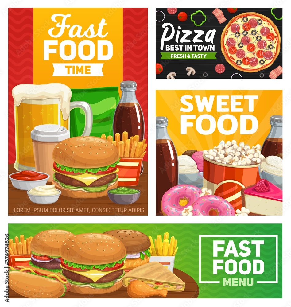 Fast food combo meals vector pizza, cheeseburger and french fries with ...