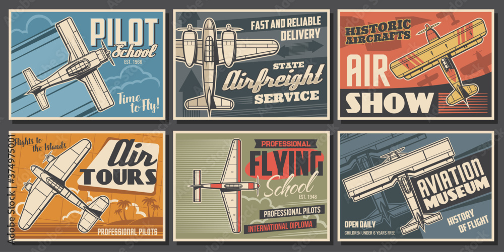 Aircraft museum, pilot school, aviation vector posters. Airplane ...