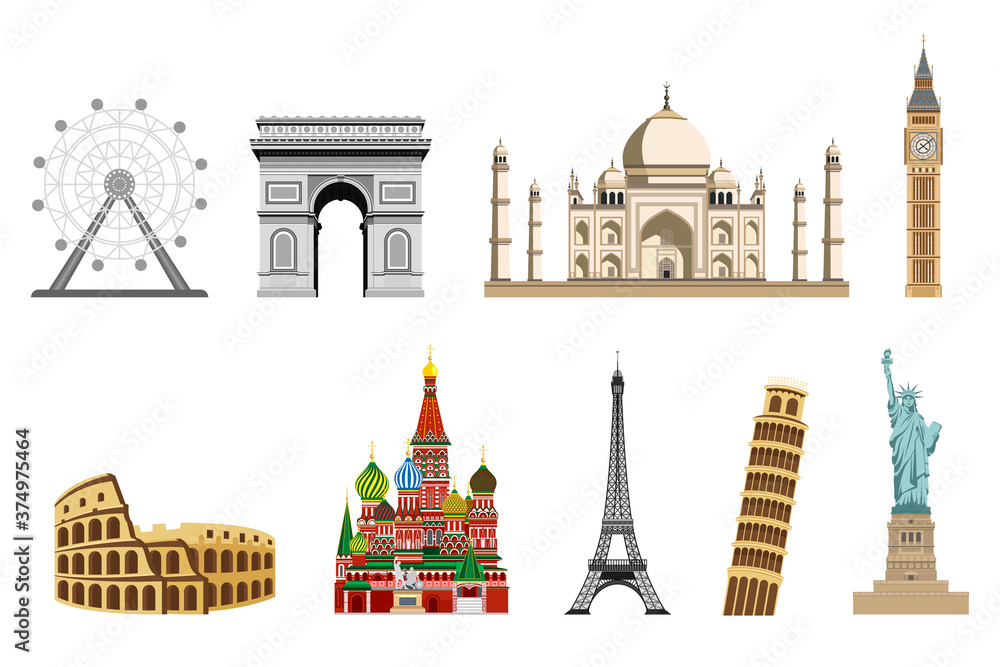 Travel to World. Road trip. Big set of famous landmarks of the world ...