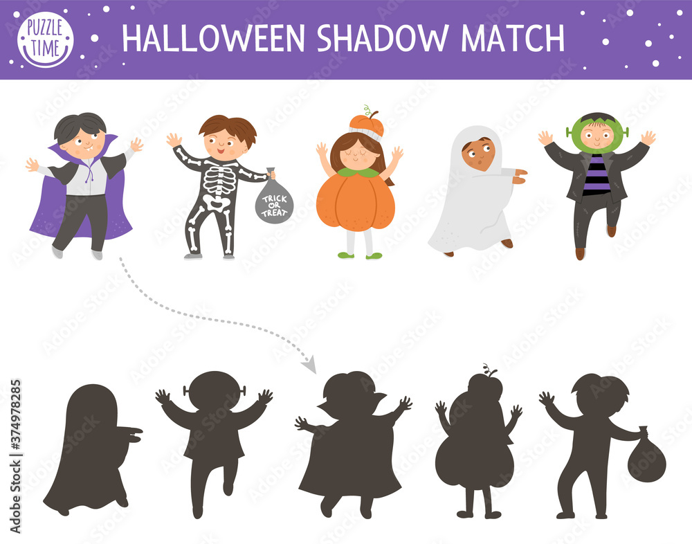 Halloween shadow matching activity for children. Autumn puzzle with ...