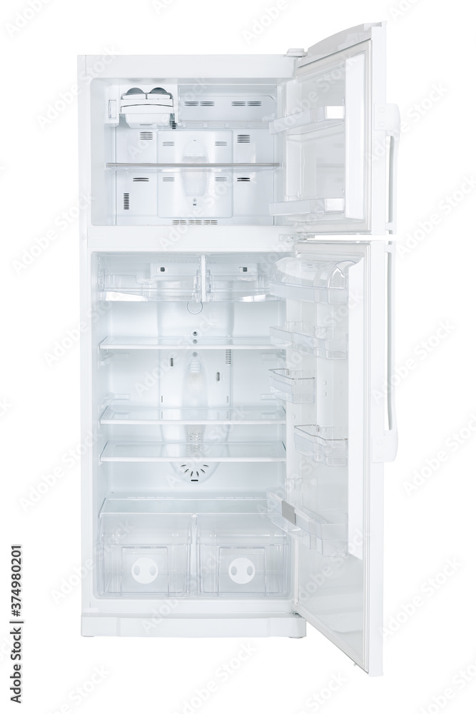 Open an empty mini fridge Refrigerator Isolated on White Background ...