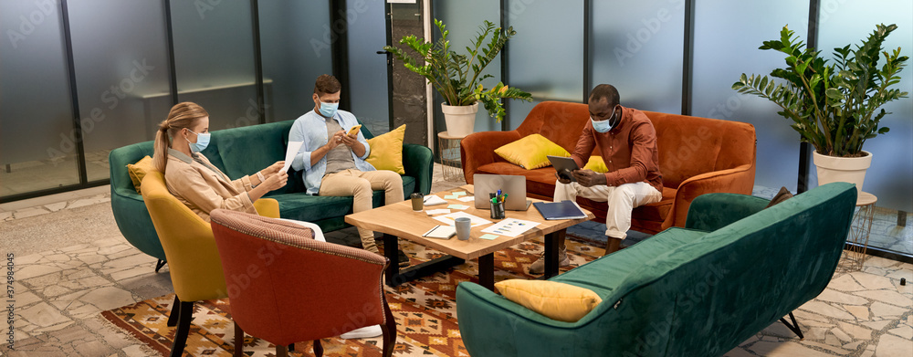 Keep your distance. Young people, office workers wearing medical ...