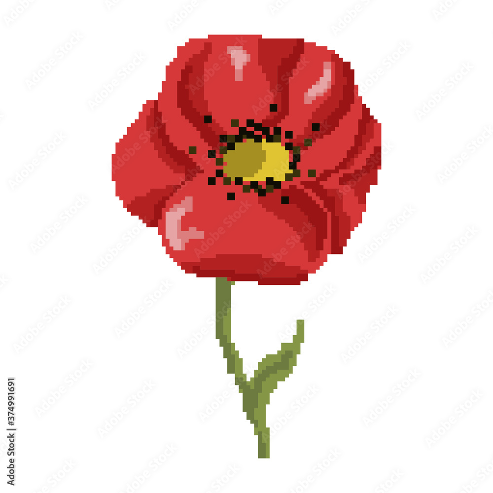 Pixel art isolated vector poppy wild flower Stock Vector | Adobe Stock