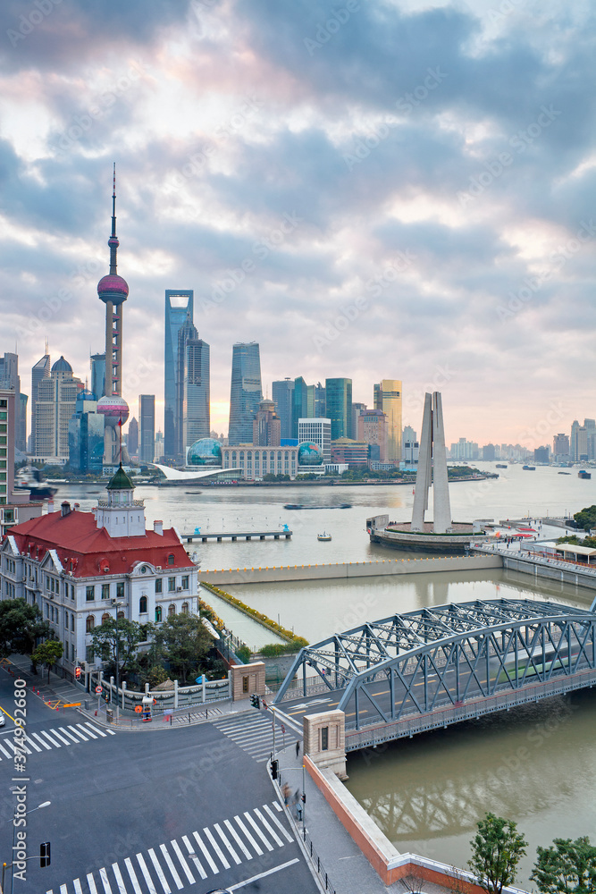 New Pudong skyline; Waibaidu (Garden) Bridge; looking across the ...