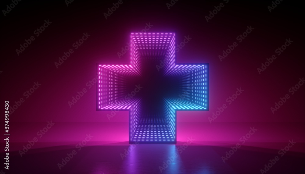 3d render, abstract neon background, glowing pink blue led light, plus ...