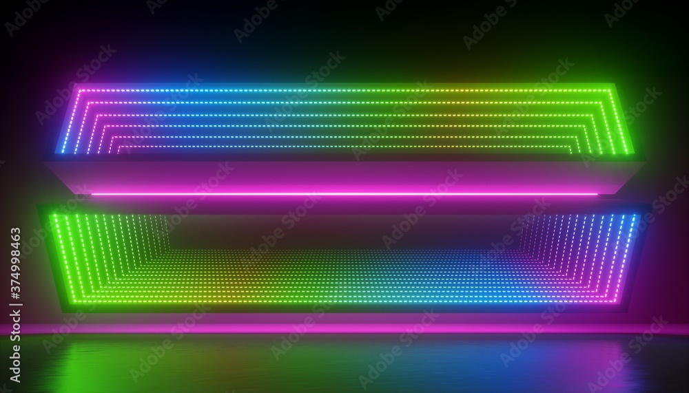 3d render, abstract neon background, empty boxes with green blue pink ...