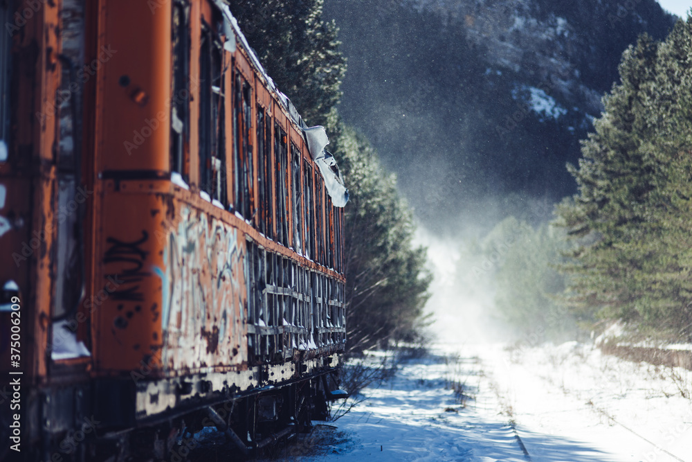 old real station with train at winter Stock Photo | Adobe Stock