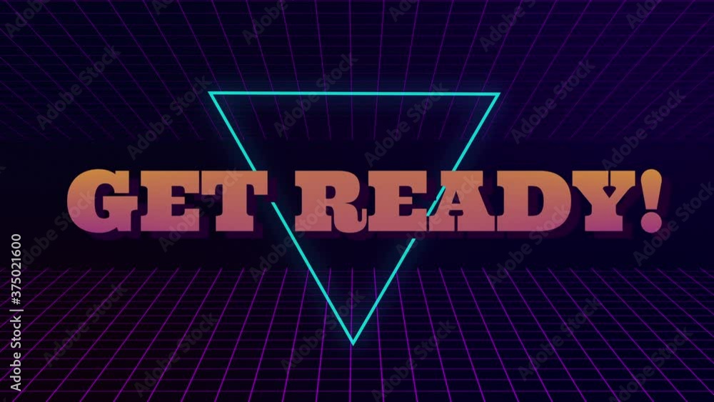 VHS retro animation with appearing neon triangle and text get ready ...
