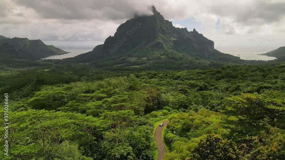 Aerial view, drone shot 4k. Moorea, Tahiti French Polynesia. Car drive ...