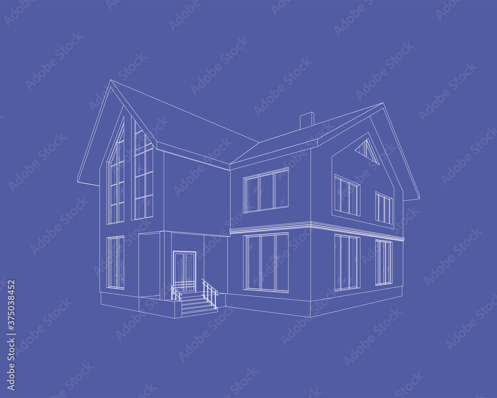3D suburban house model. Drawing of the modern building. Cottage ...