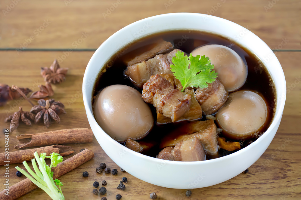 Thai Stewed belly pork and Eggs with spices thai food thai called “Palo ...