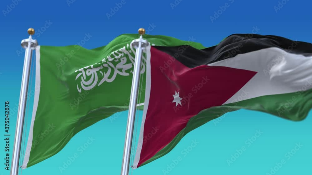 4k Seamless Jordan and Saudi Arabia Flags with blue sky background;A ...