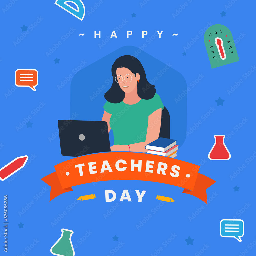 Happy Teachers Day, Online learning teacher with study vector element ...