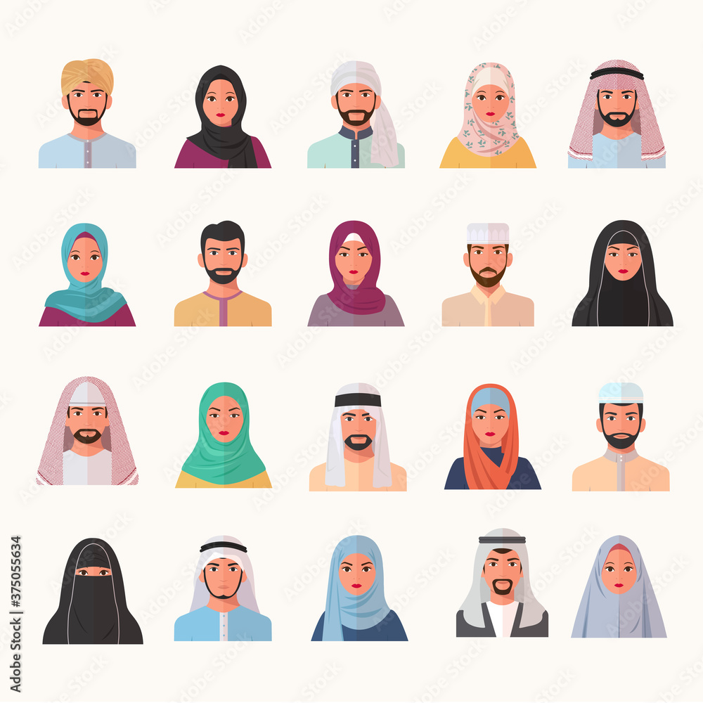 Naklejka Eastern muslim characters avatars set. Smiling arab faces of ...