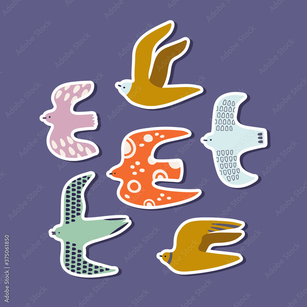 Collection of cartoon stickers with flying birds. Hawk, eagle, dove ...