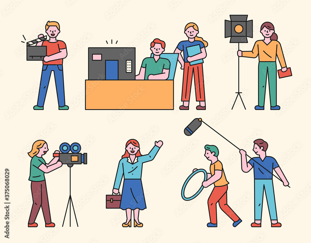 The staff and actors of the filming scene. flat design style minimal ...