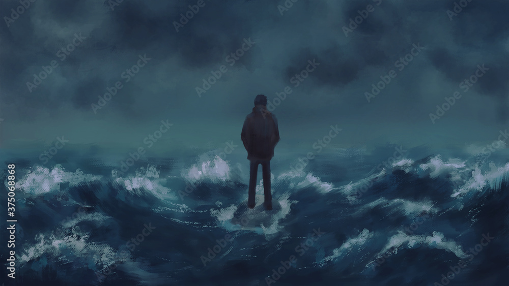 man standing on the rock among sea wave and bad weather ,digital art ...