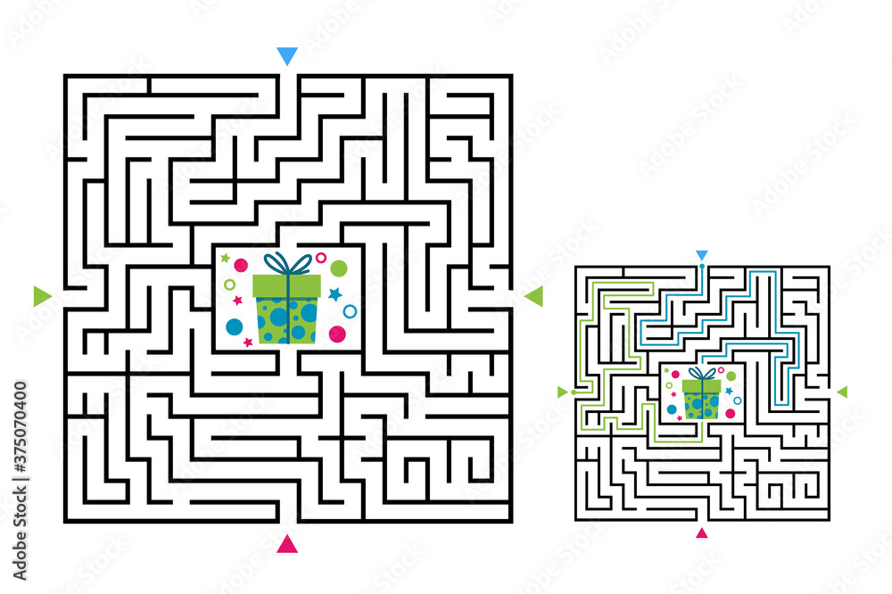 Square maze labyrinth game for kids. Labyrinth logic conundrum. Four ...