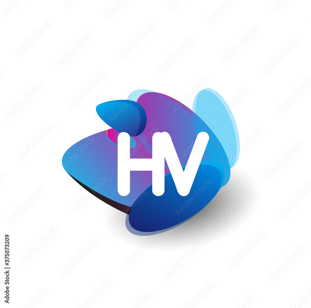 Letter HV logo with colorful splash background, letter combination logo design for creative ...