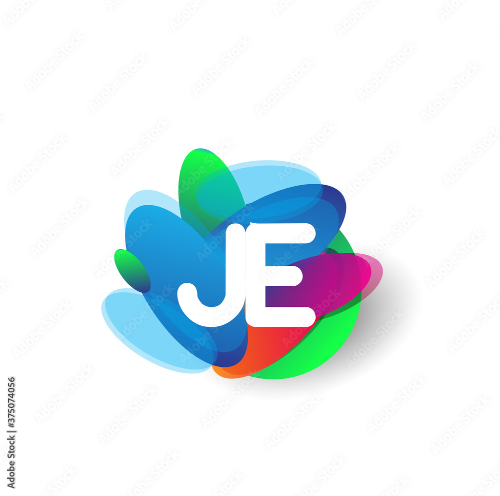 Letter JE logo with colorful splash background, letter combination logo ...