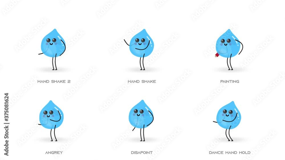 Animated water droplet showing different actions and emotions followed ...