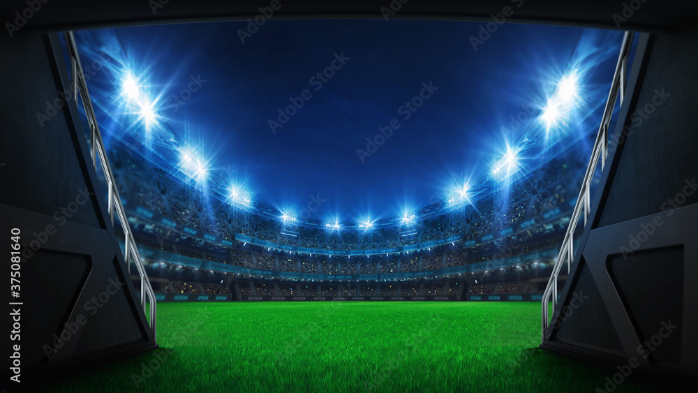 Stadium tunnel leading to playground. Players entrance to illuminated ...