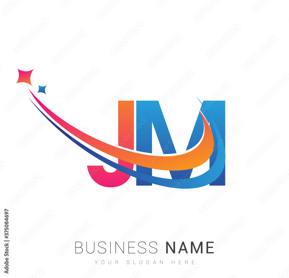 initial letter JM logotype company name colored orange, red and blue ...