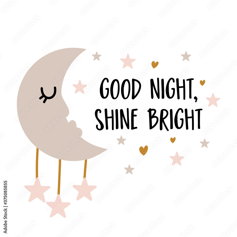 Good night, shine bright - cute moon decoration. Little moon with ...