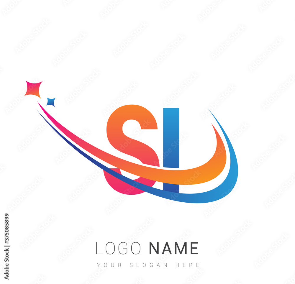 initial letter SI logotype company name colored orange, red and blue ...