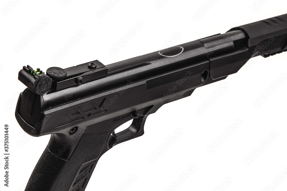 Modern sport air pistol with mechanical sight isolate on white back ...