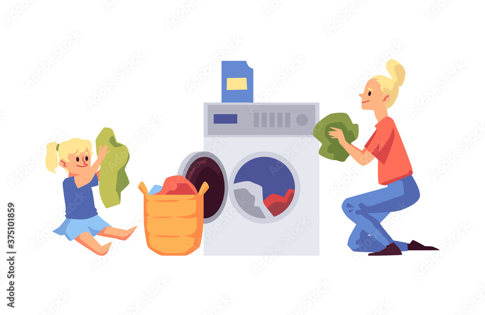 Cartoon woman and child doing laundry, loading the washing machine ...
