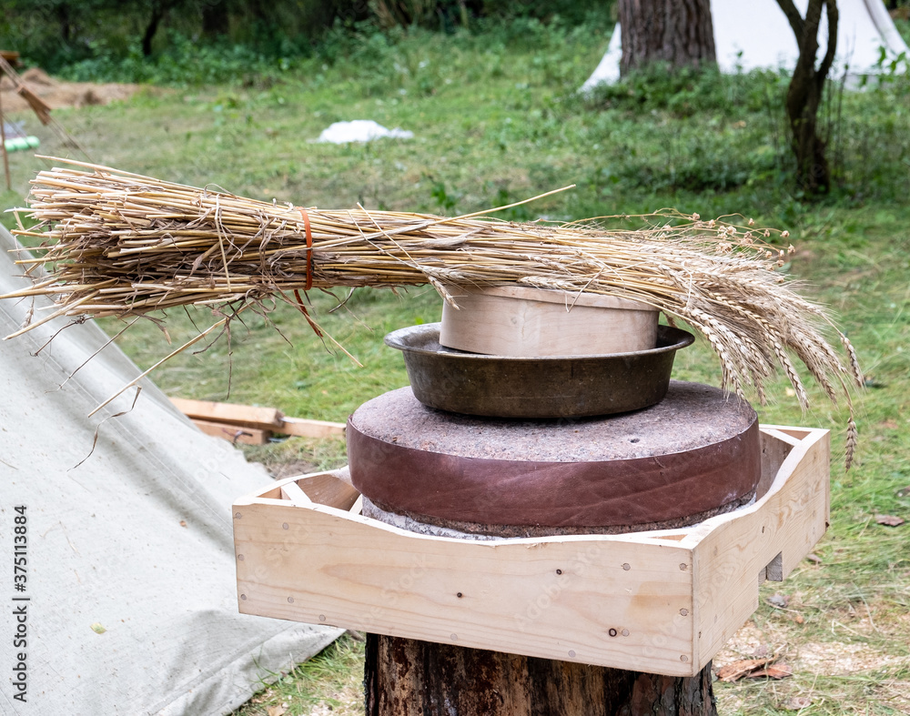 The ancient quern stone hand mill with grain. The man raises the top ...