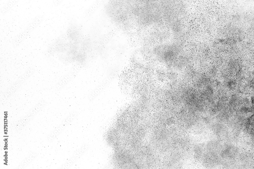 Black particles explosion isolated on white background. Abstract dust ...