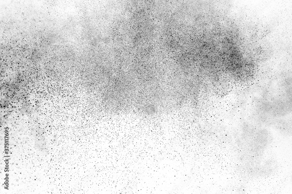 Black particles explosion isolated on white background. Abstract dust ...