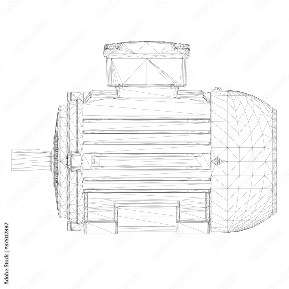 Electric motor wireframe made of black lines on a white background ...