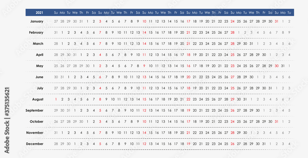 Linear calendar 2021. Clear design. Horizontal grid with selected ...