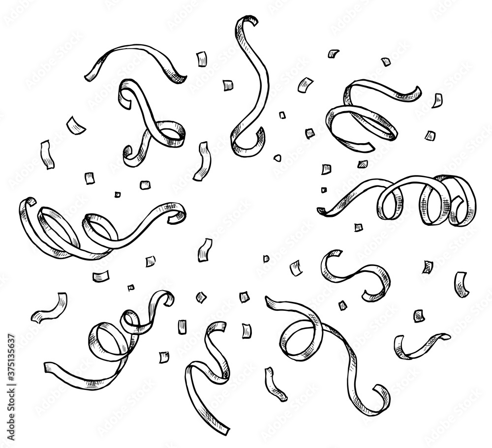 Vetor do Stock: Confetti drawing. Exploding confetti and ribbon drawing ...