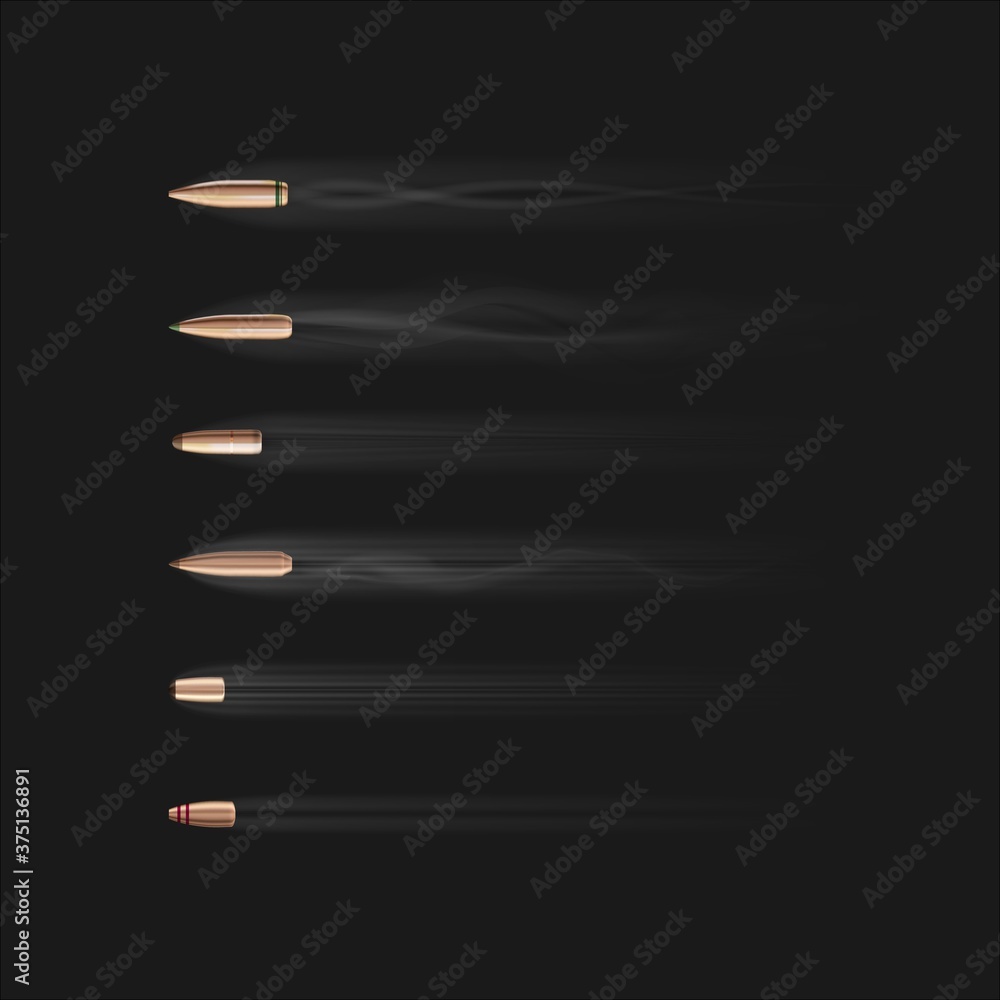 Flying bullet. Vector various type firearm projectiles in slow motion ...