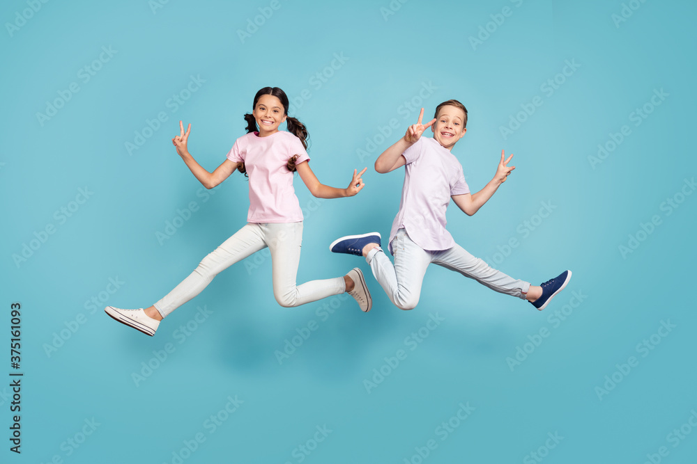 Full length body size view of two attractive small little cheerful best ...