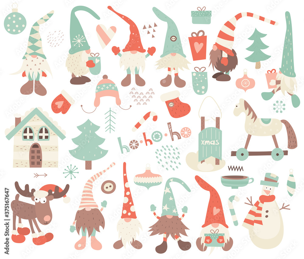 Vector set of cute scandinavian gnomes, christmas elements and ...