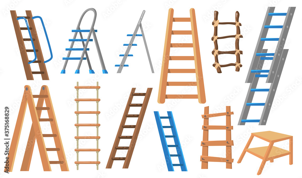 Metal and wooden ladders flat illustration set. Cartoon stepladders for ...