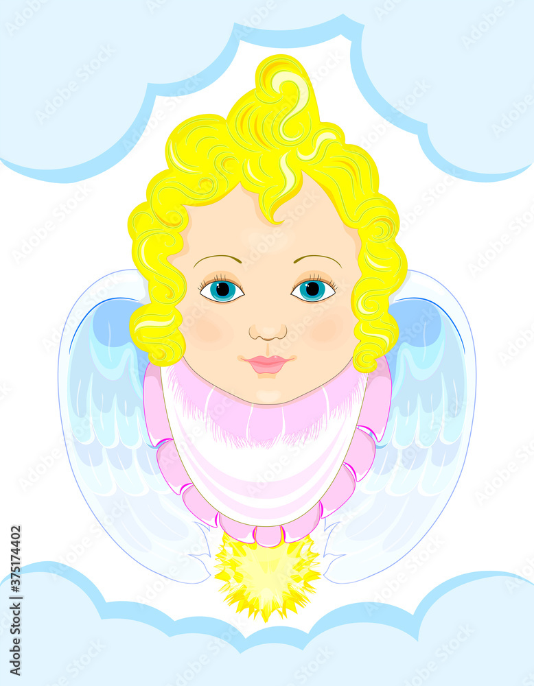 Religion. In the clouds, an angel child with Golden curls and wings ...