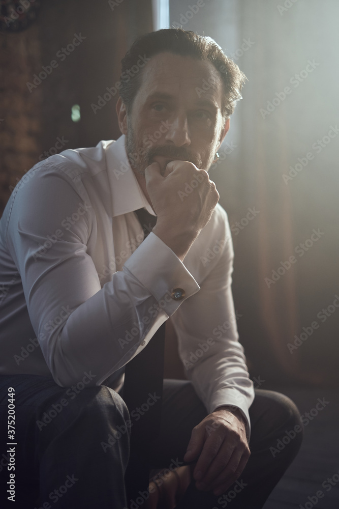 cinematic photo shoot of the confident actor celebrity look in foggy ...