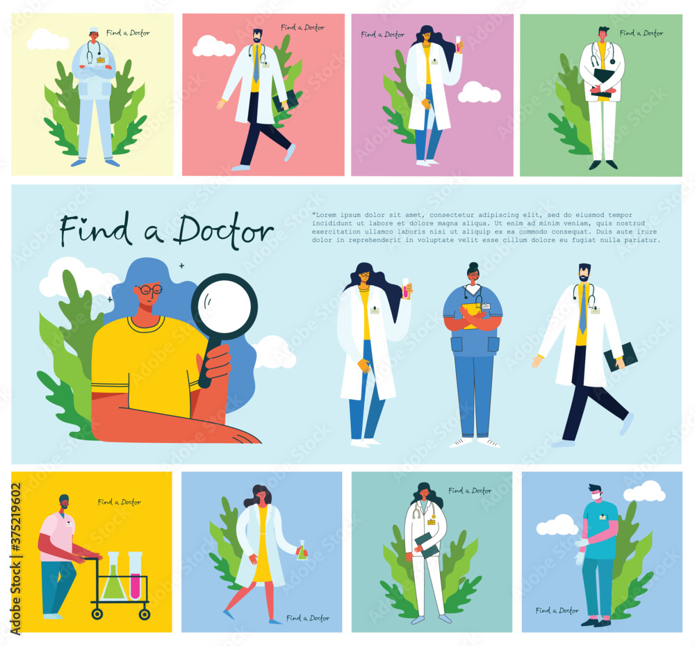 Find a doctor. Team doctors backgrounds. Vector illustration in flat ...
